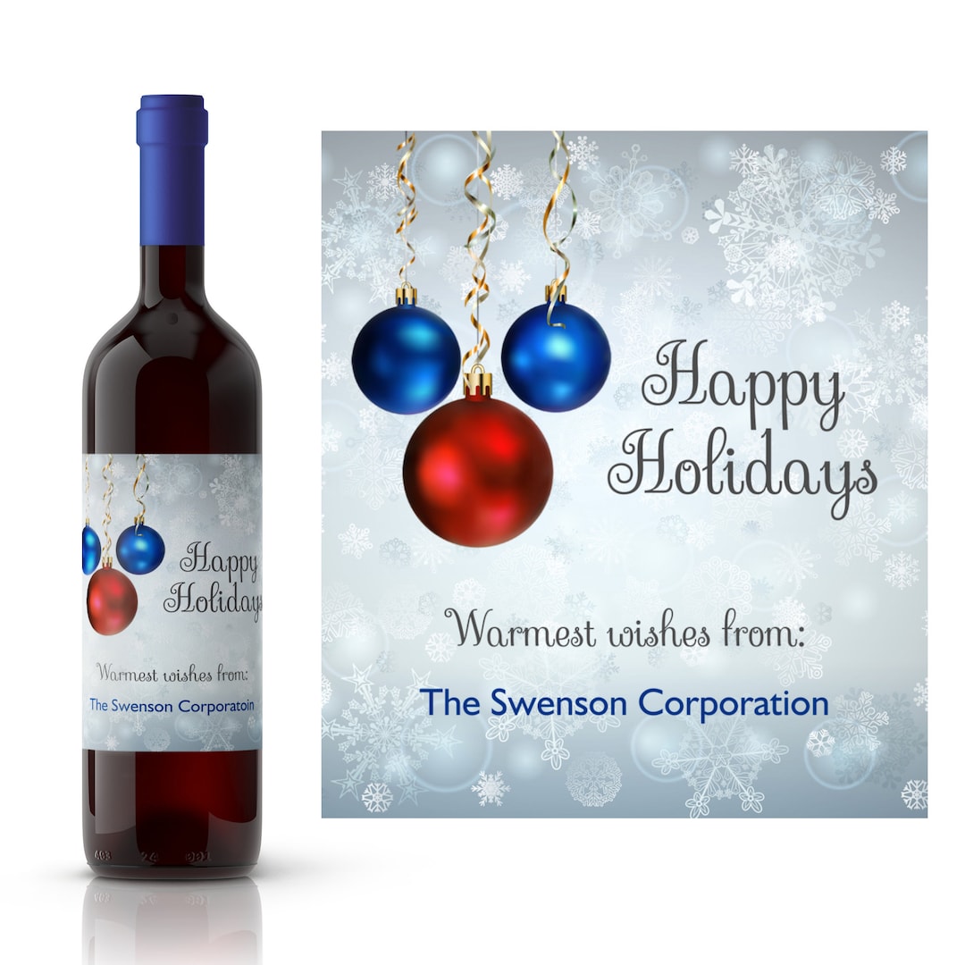 Ornaments & Snowflake Background Wine Label | Corporate Holiday Gift ...