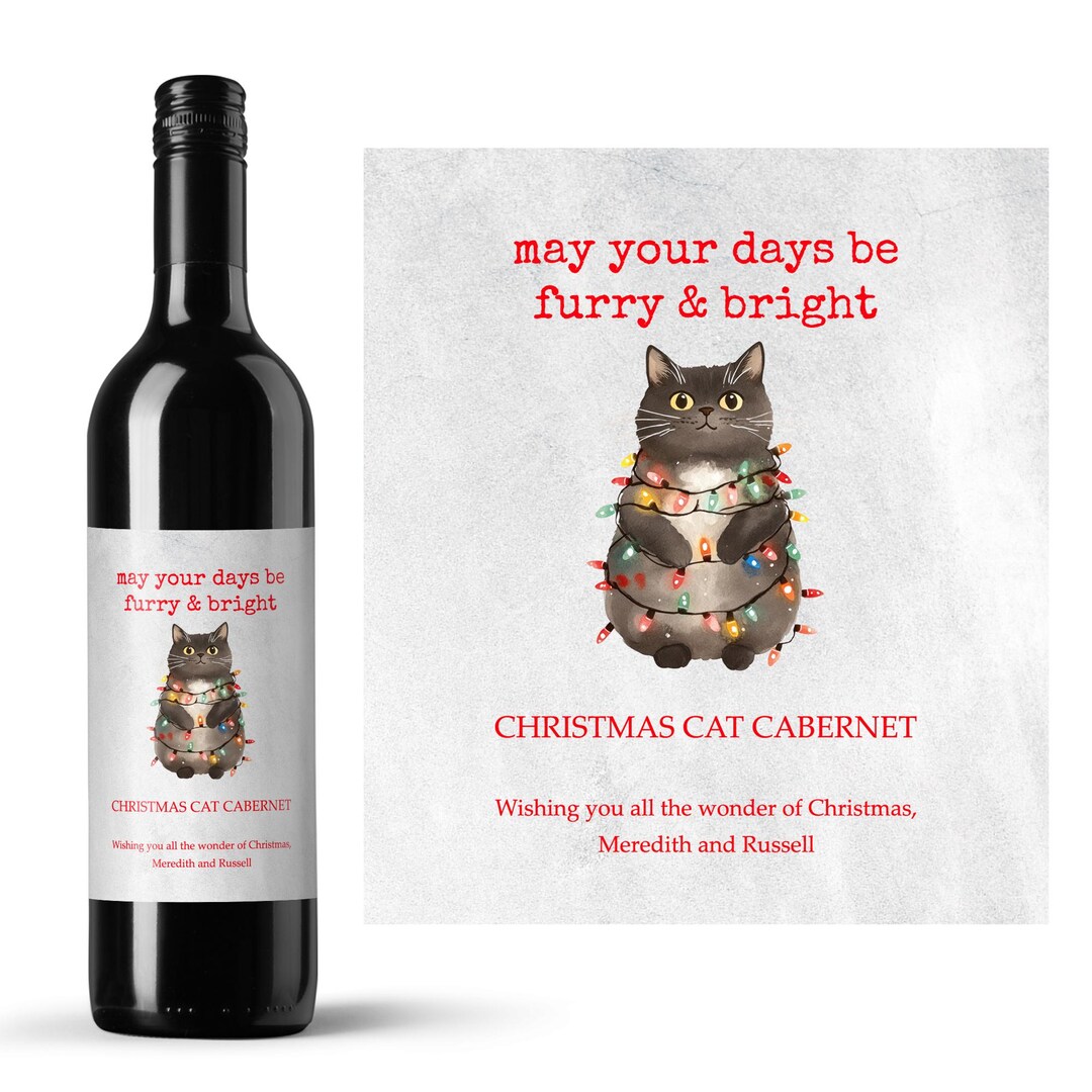Furry and Bright Holiday Wine Label | Cat Lover Gift Idea | Christmas ...
