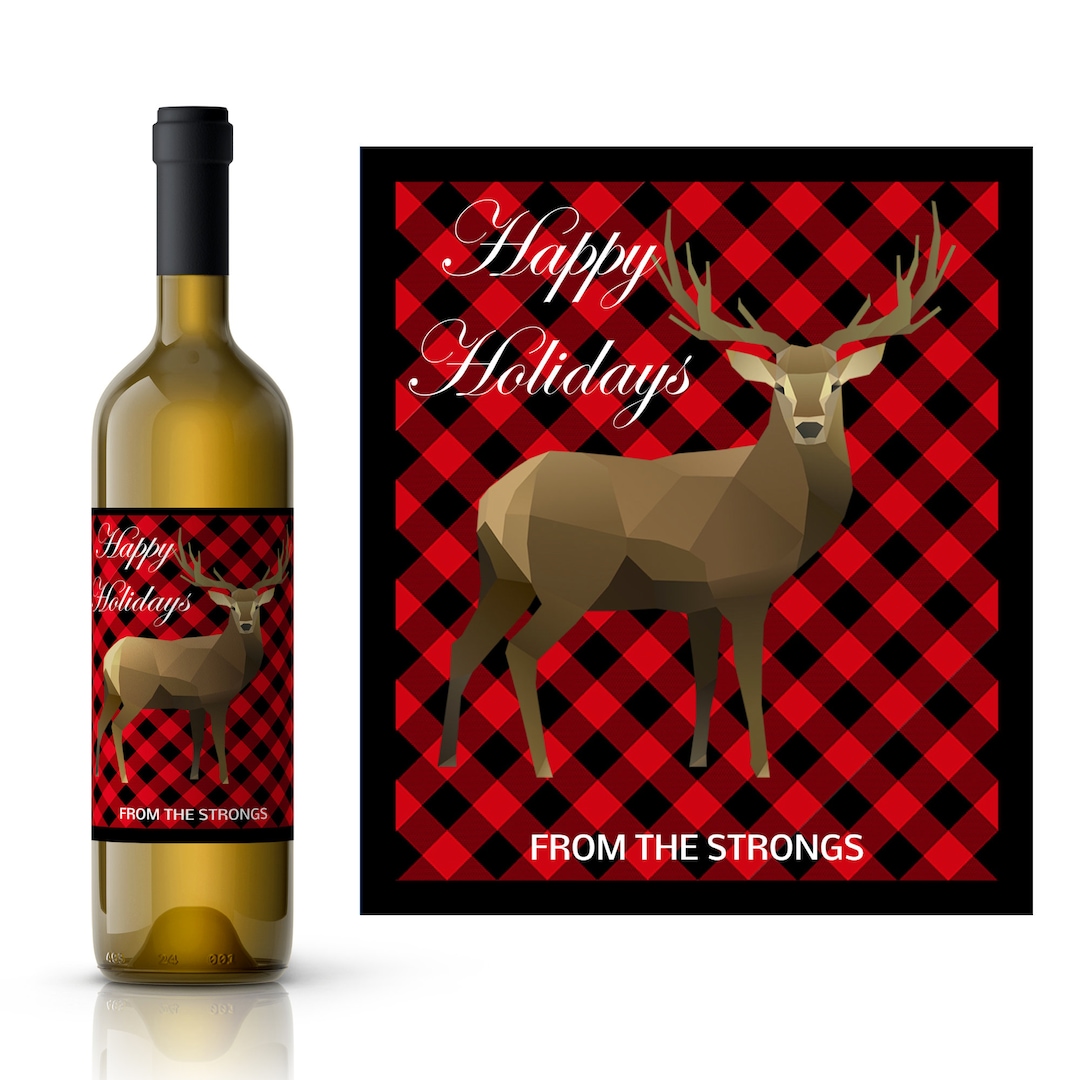 Buffalo Plaid Holiday Wine Label | Reindeer Wine Label | Red and Black ...