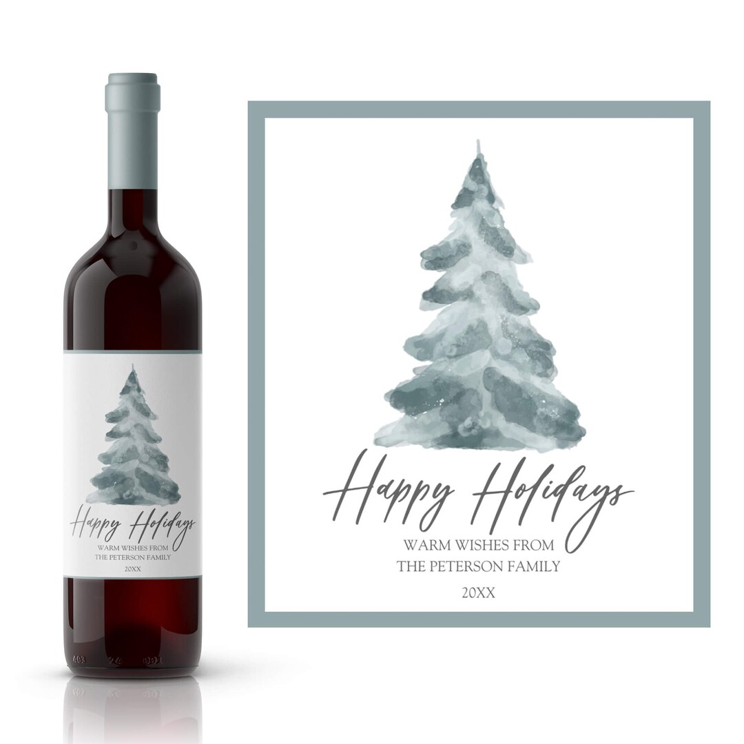 Watercolor Green Christmas Tree Wine Label | Happy Holidays Wine Label ...