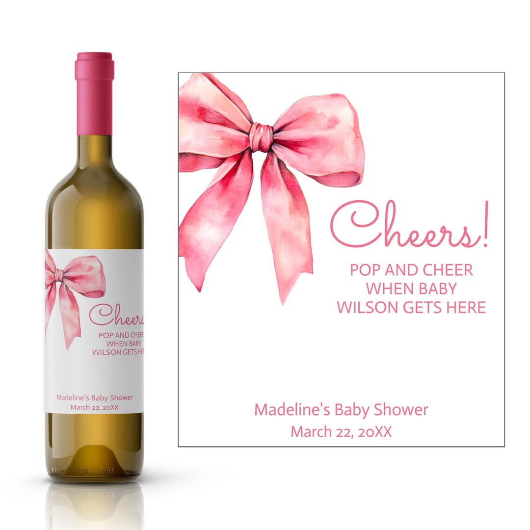 Cheers Pink Bow Baby Shower Wine Label | Unique Baby Announcement ...