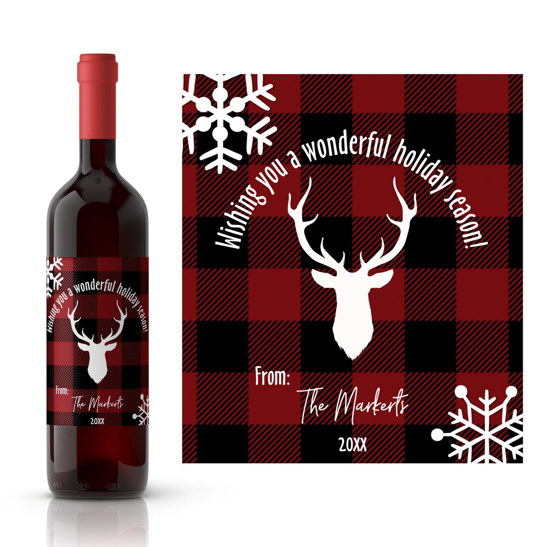 Rustic Buffalo Check Holiday Wine Label | Christmas Red and Black Check ...