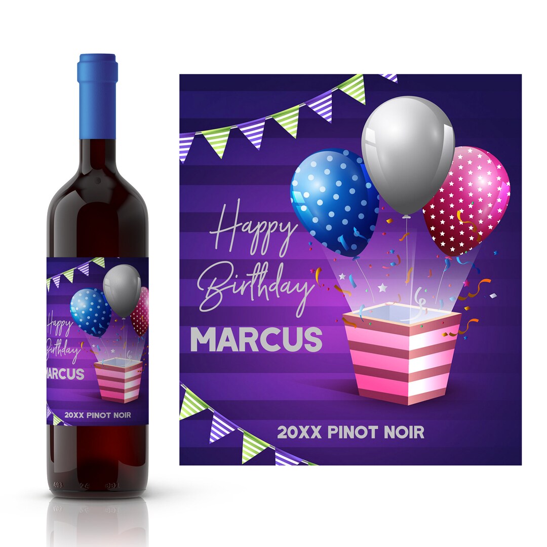 Happy Birthday Party Wine Label | Wine Lover Birthday Gift | Balloon ...