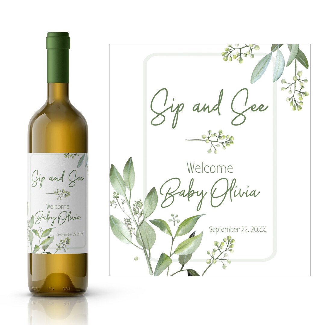 Foliage Frame Sip and See Wine Label | Personalized Baby Shower Wine ...