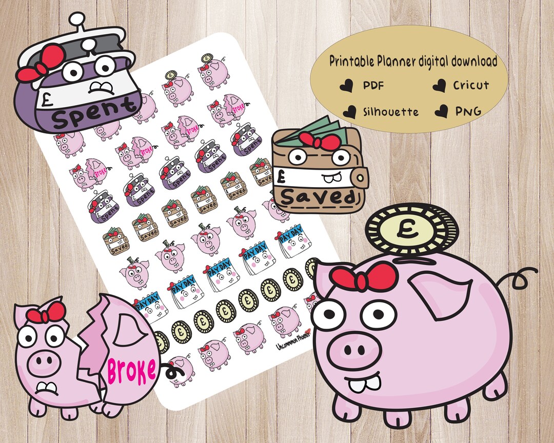 Piggy Bank Stickers Digital Download Planner Stickers Cut Lines Planner ...