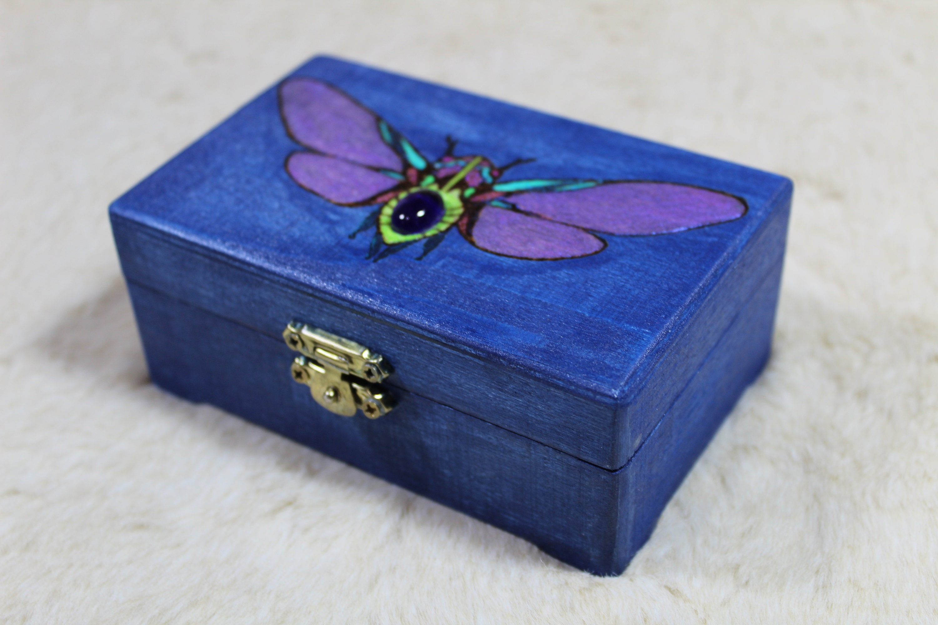 Wood Burned Box Blue Stained Painted Design With Resin Jewel - Etsy
