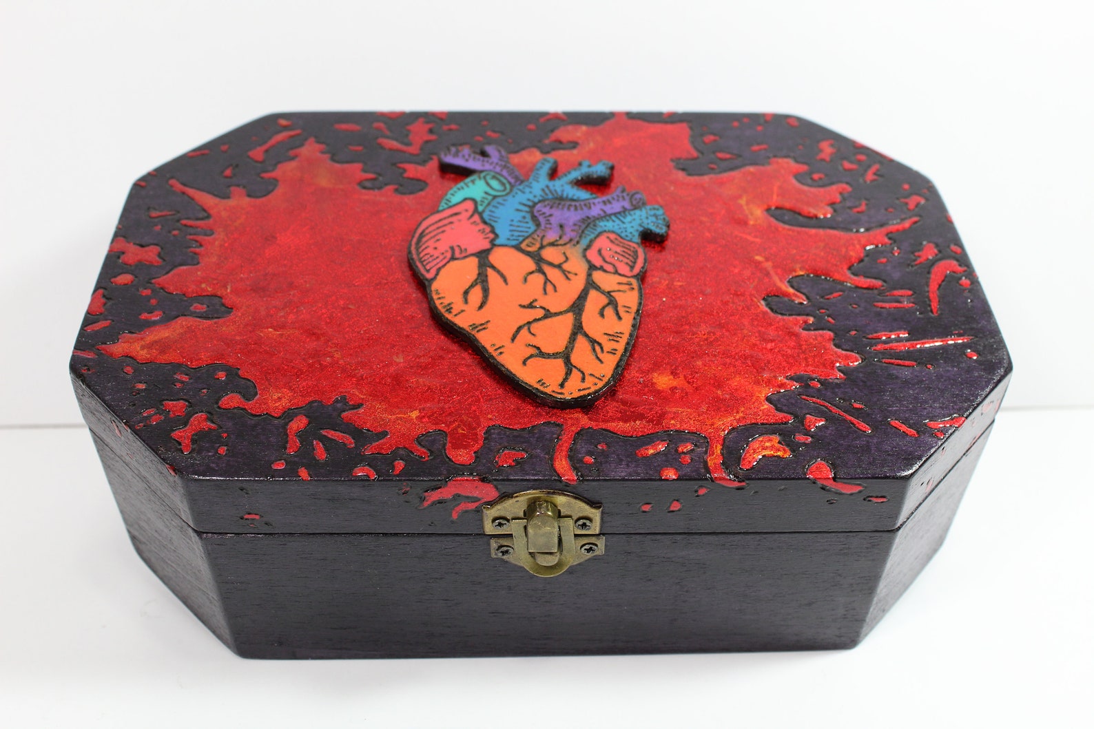 Wood Burned Box With Purple Stain, Foiled Blood Splatter, Painted Heart ...