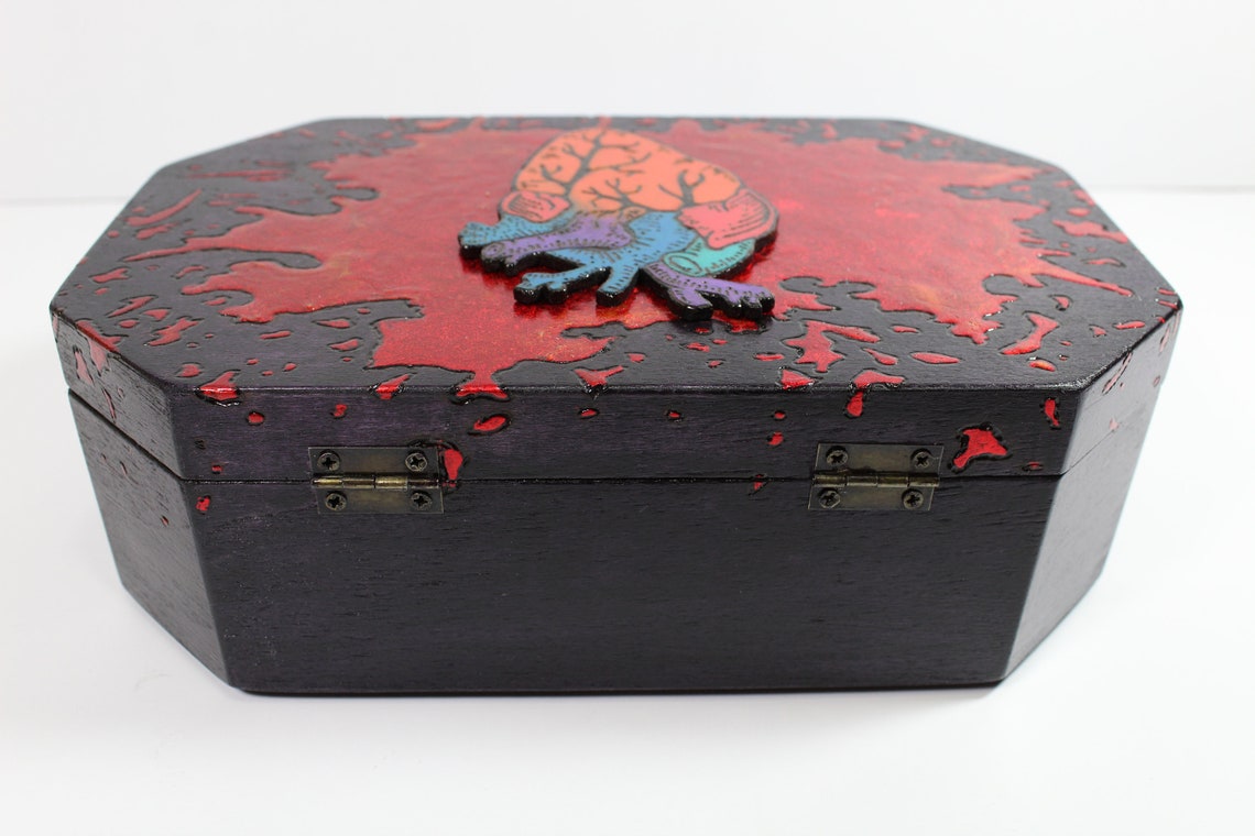 Wood Burned Box With Purple Stain, Foiled Blood Splatter, Painted Heart ...