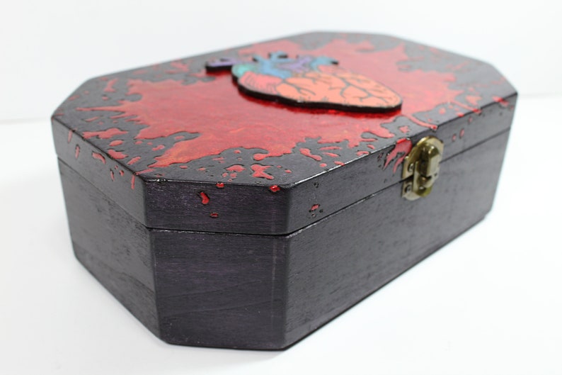 Wood Burned Box With Purple Stain, Foiled Blood Splatter, Painted Heart ...