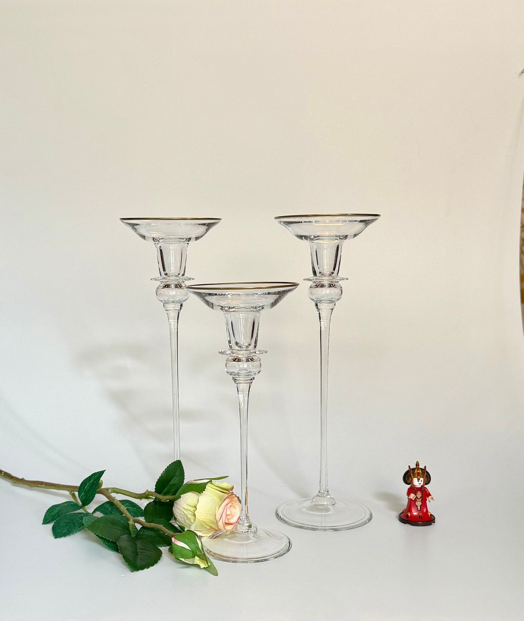 Set Peill and Putzler Crystal Glass Candle Holder Gold Rim True German ...