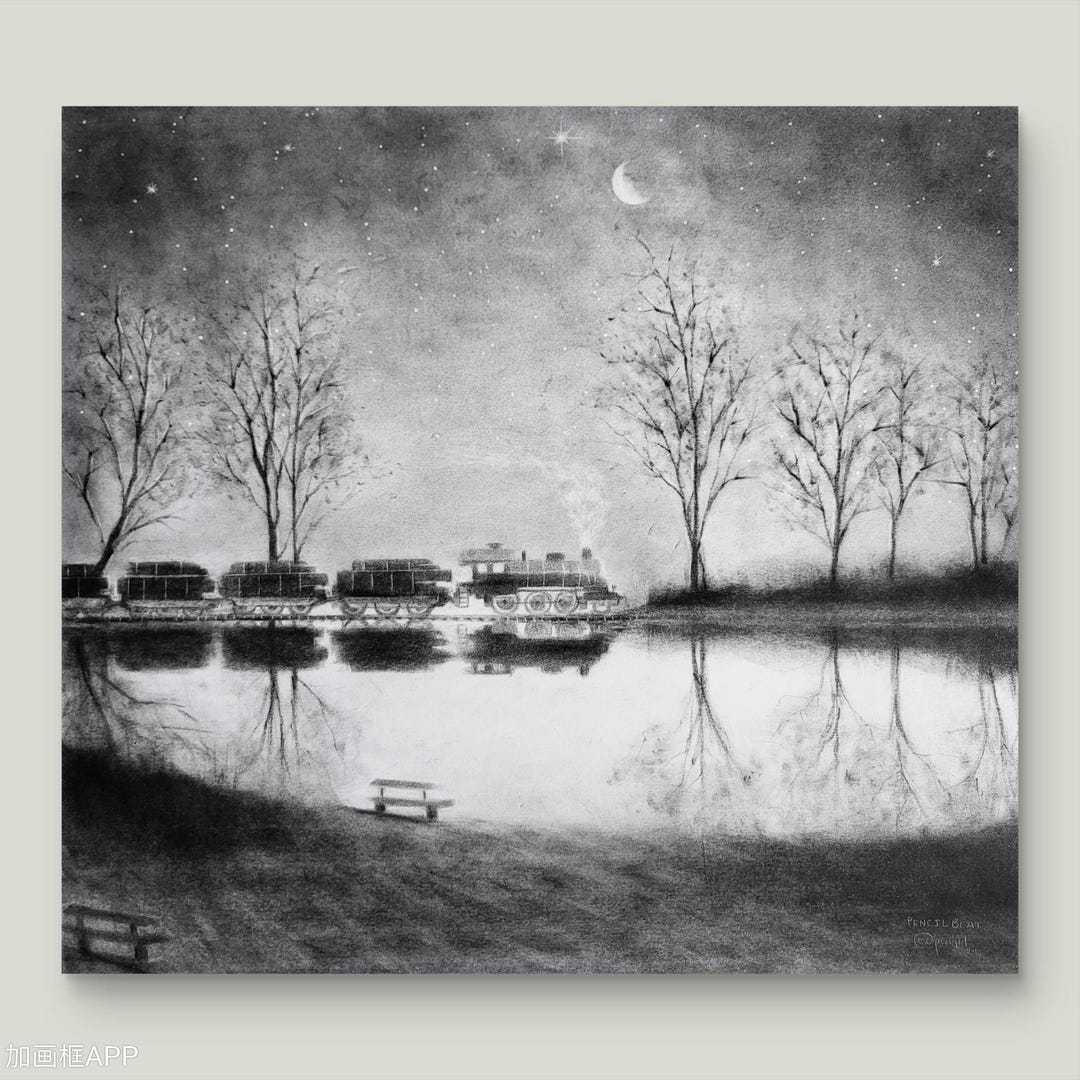 Original Charcoal Drawing, Midnight Sky, Vintage Train, Riverside ...