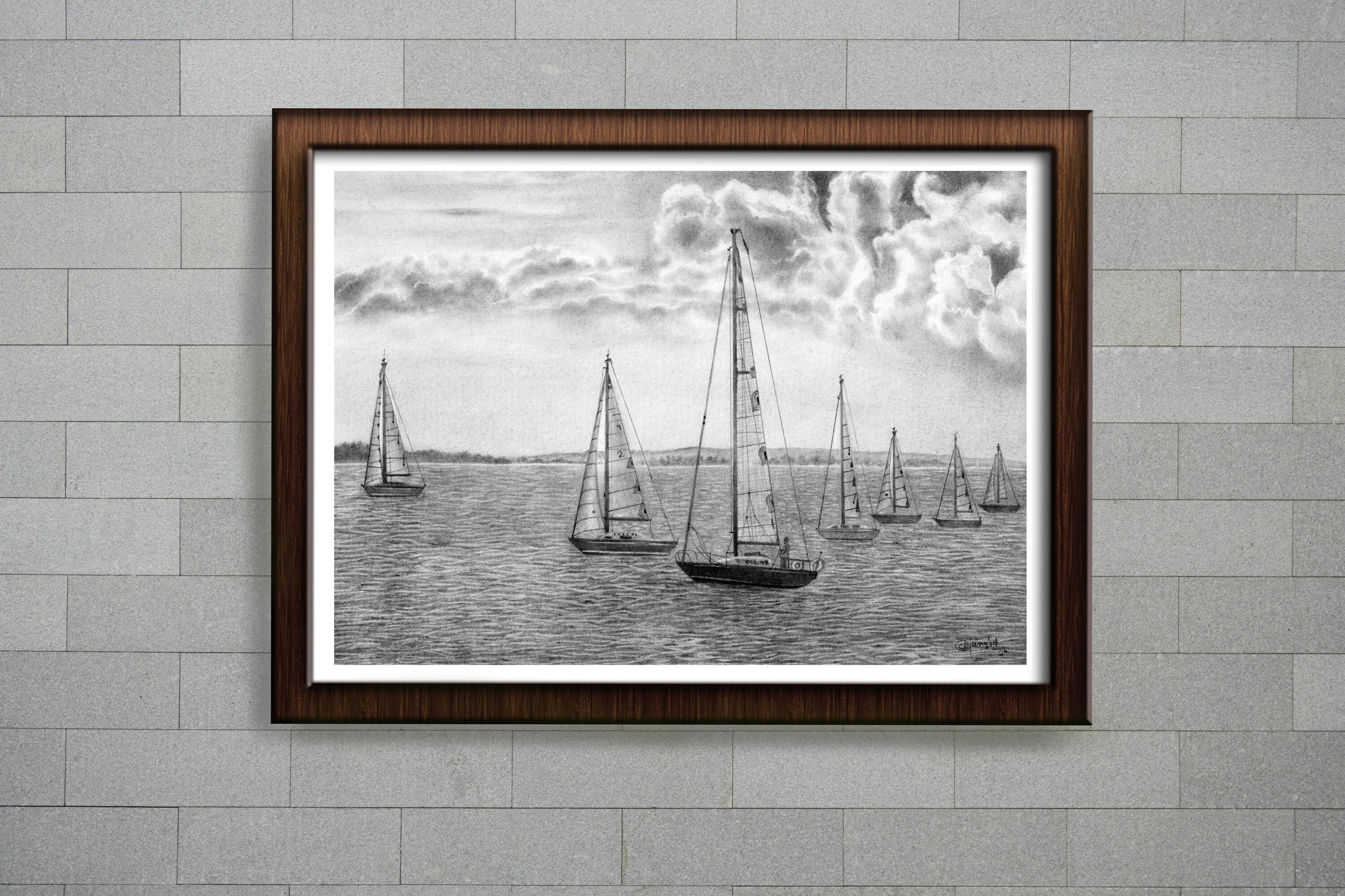 Sailboats on Lake/ Graphite Pencil Art/ Boats/ Lake/ Ocean/ Realistic ...