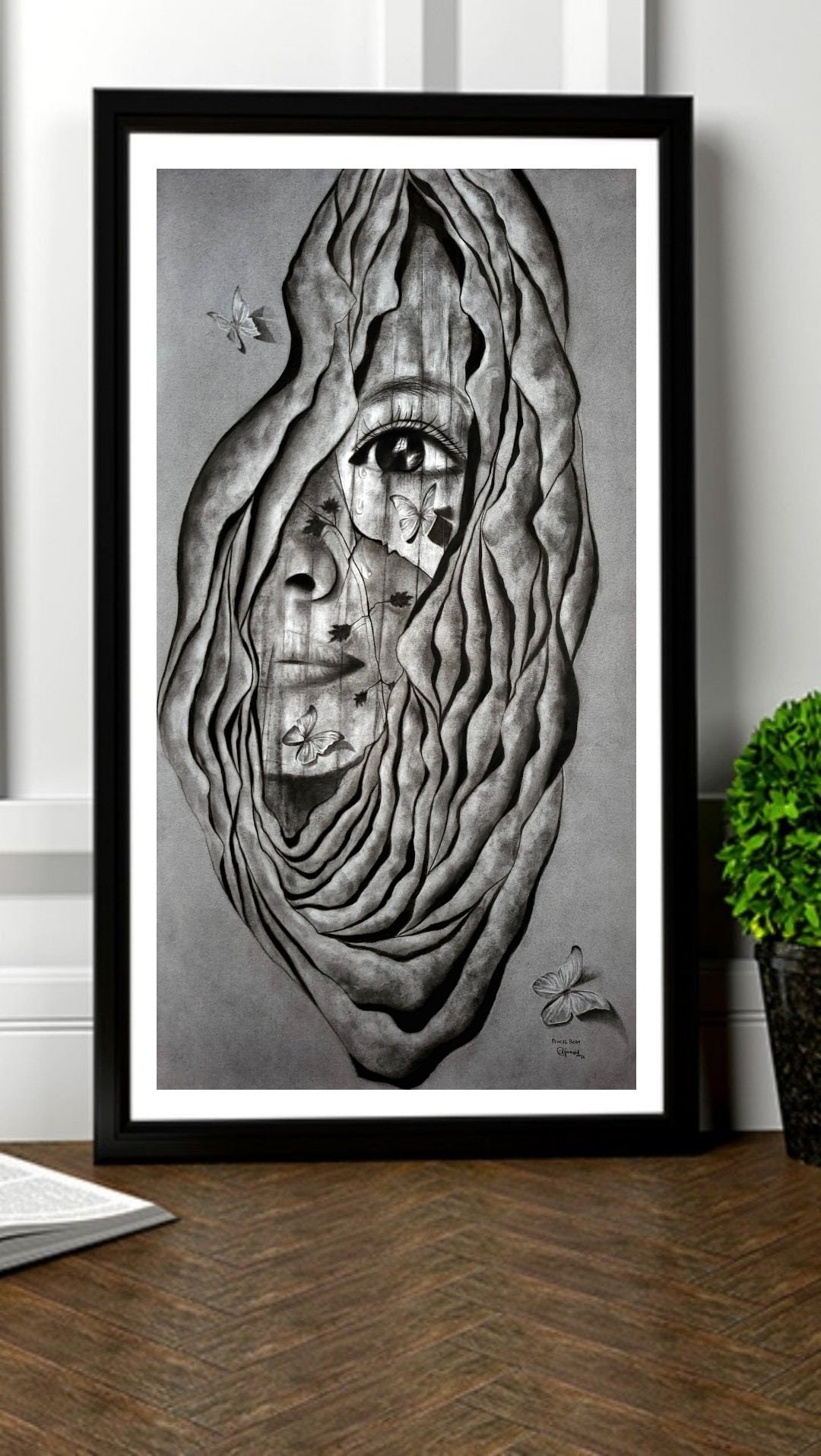 Original Charcoal Drawing: Unveiled Emotions, Butterflies - Handmade ...