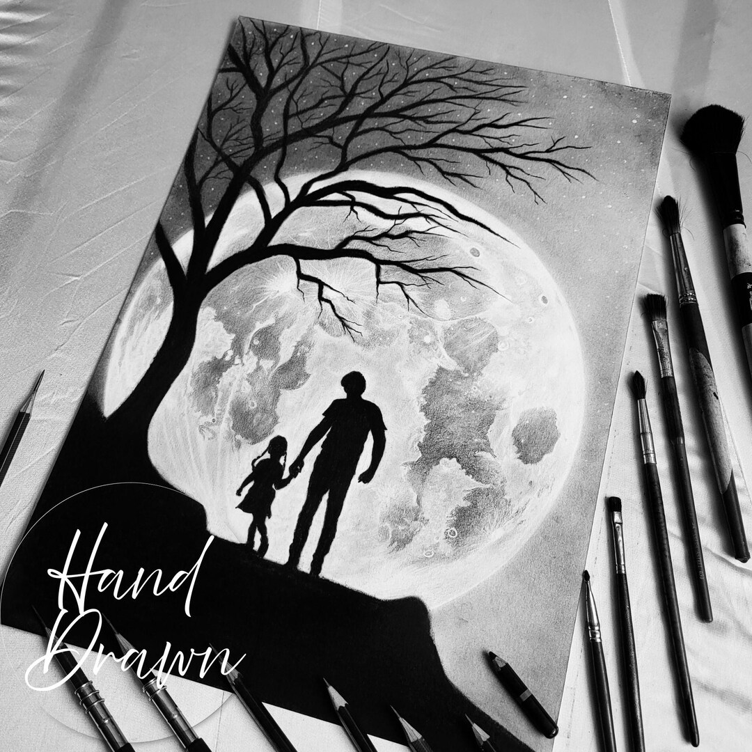 Heartstrings Beneath the Supermoon Charcoal Drawing – Handmade Moonlit ...