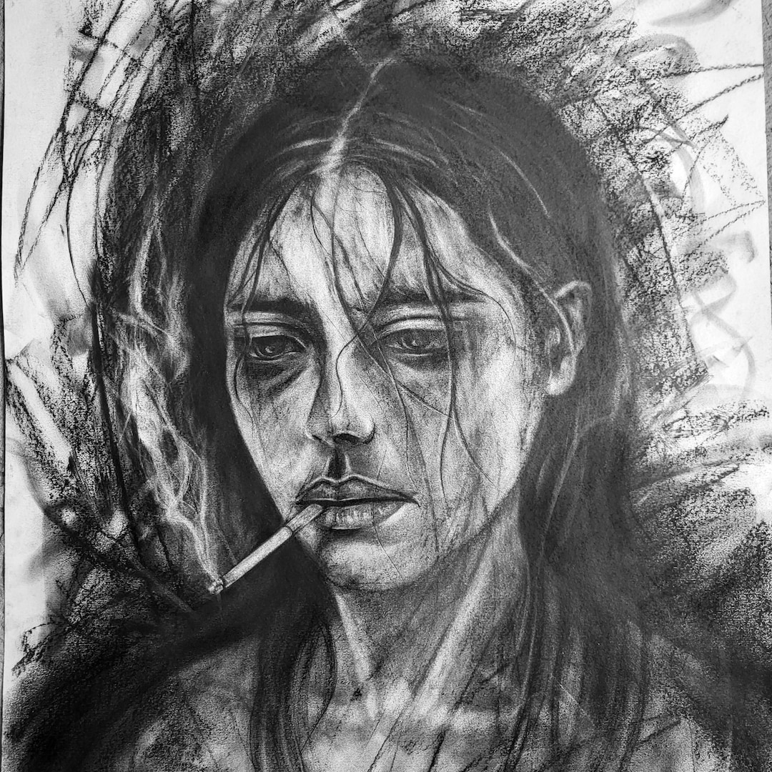 Handmade Charcoal Drawing – Melancholic Woman Smoking – Noir ...