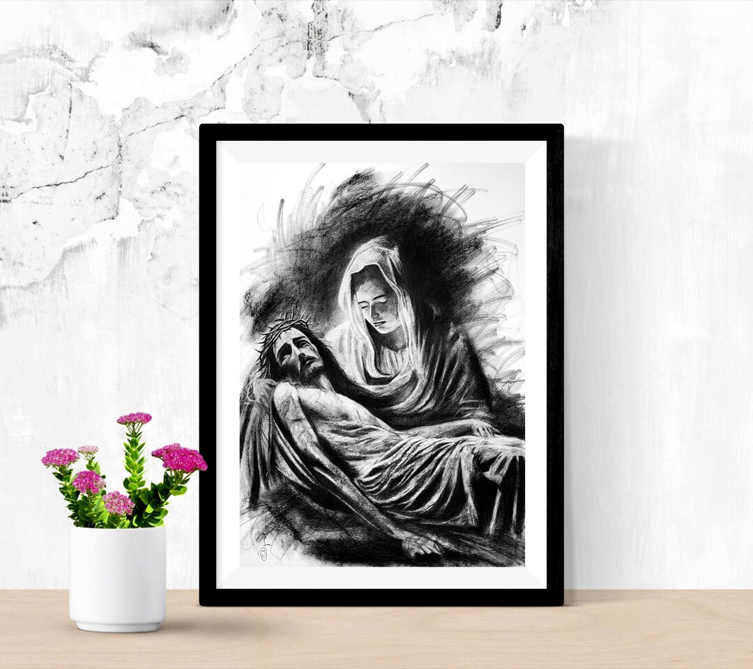 Virgin Mary & Jesus Charcoal Pietà Drawing Handmade Original Christian ...