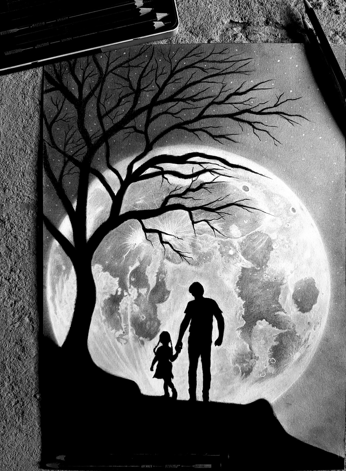 Original Pencil Drawing Real Painting of Moon Charcoal - Etsy