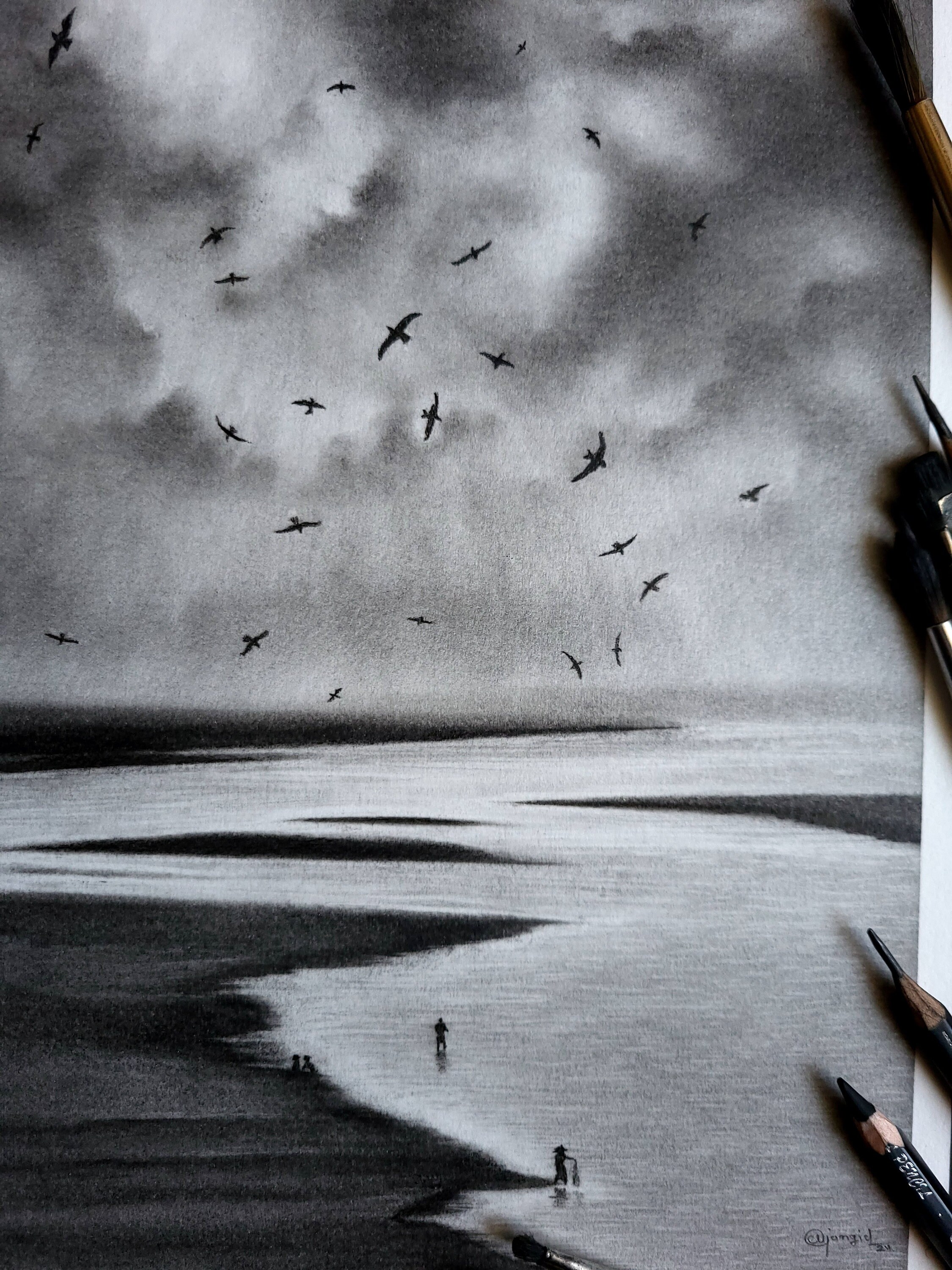Fine Art, Hand Painted Charcoal, Charcoal Drawing, Flying Birds ...