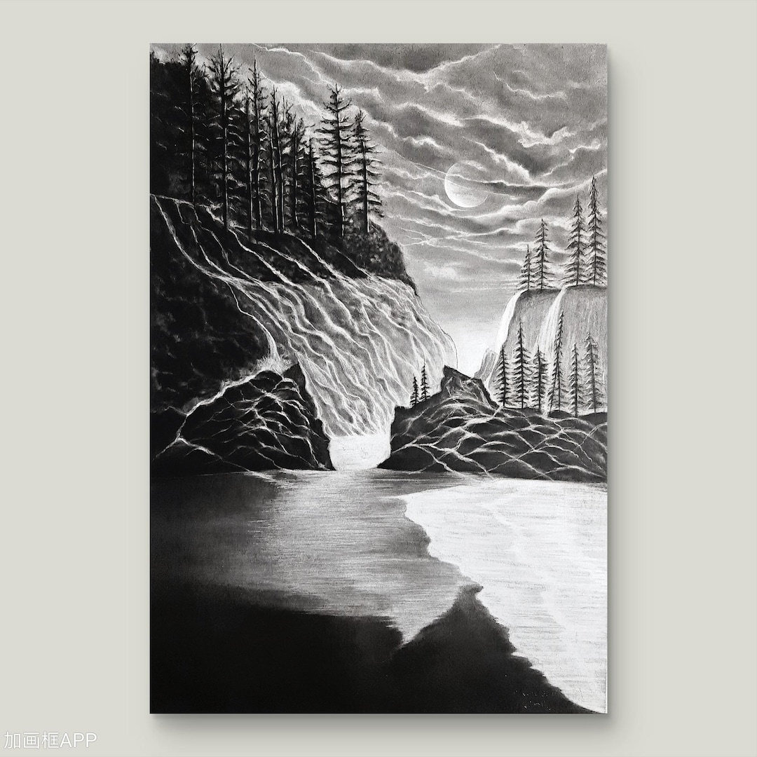 Charcoal Drawing, Mountain Views, Nature Sketch, Waterfalls, Nature Art ...