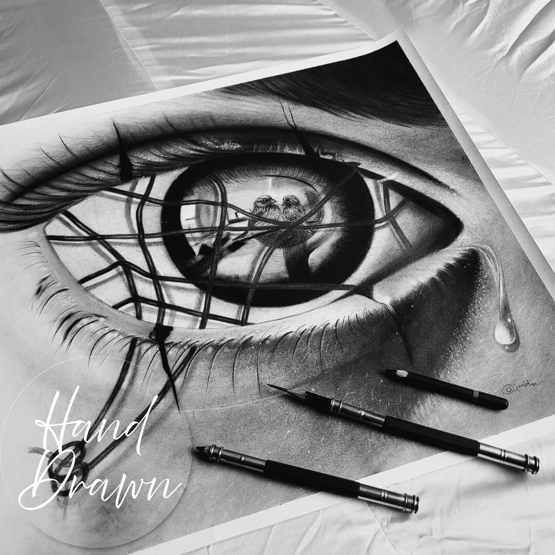 Handmade Charcoal Eye Drawing: Stitched Wire, Love Birds Reflection - Etsy