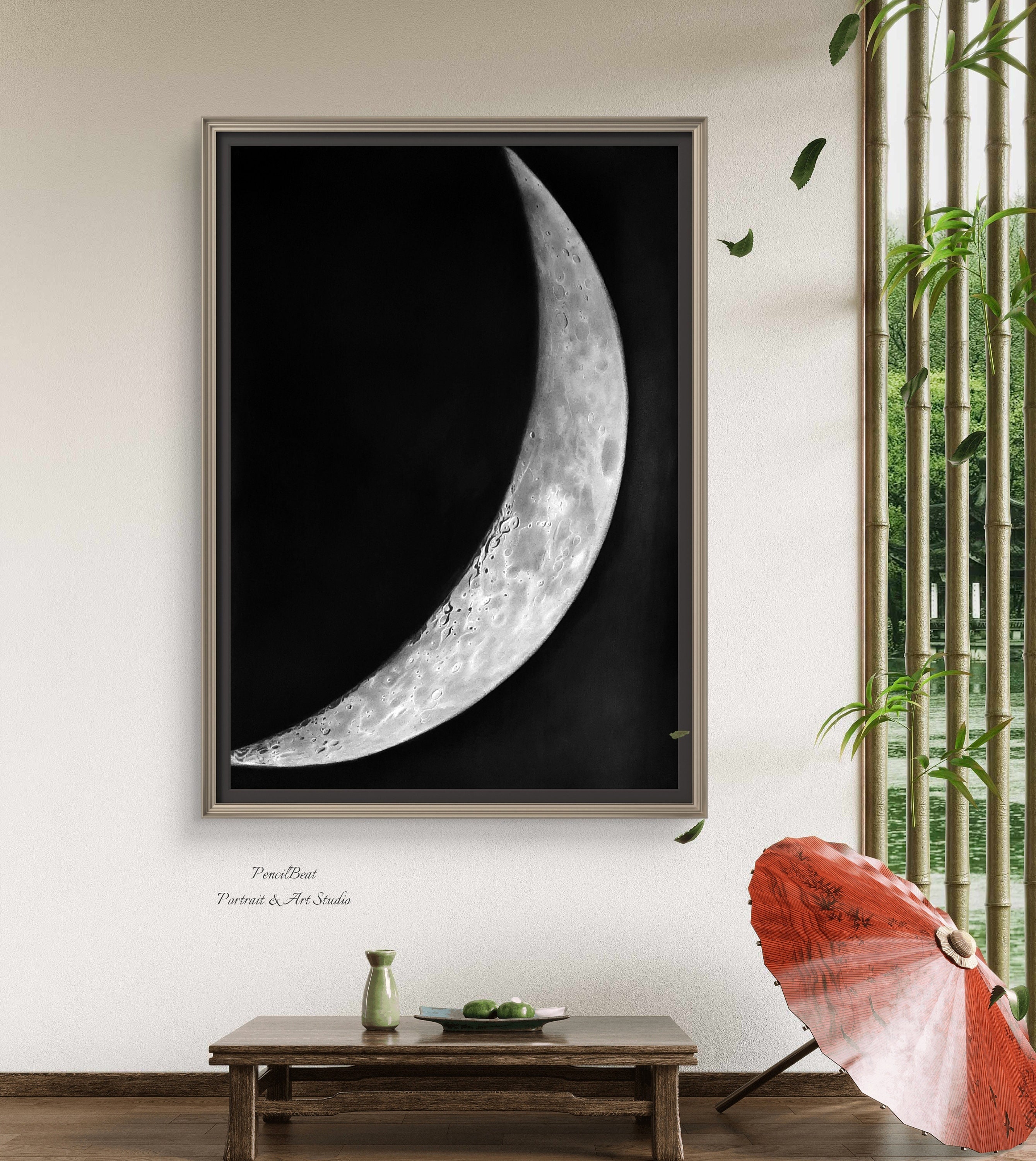 First Quarter Young Moon Moon Drawing Moonscape Artwork Moon Waning ...