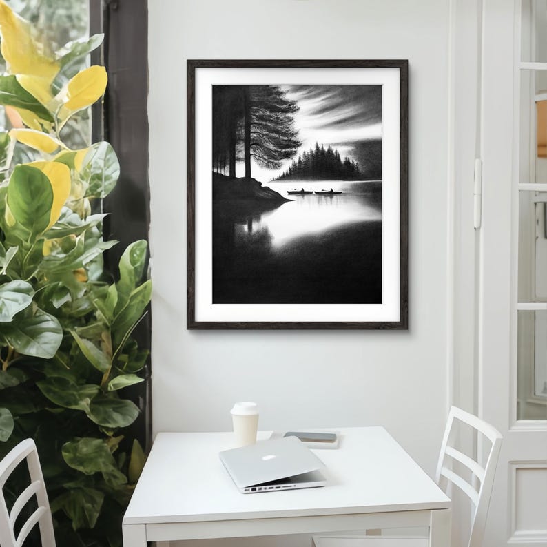 Original Charcoal Lake Drawing – Canoes and Pine Forest, Handmade ...