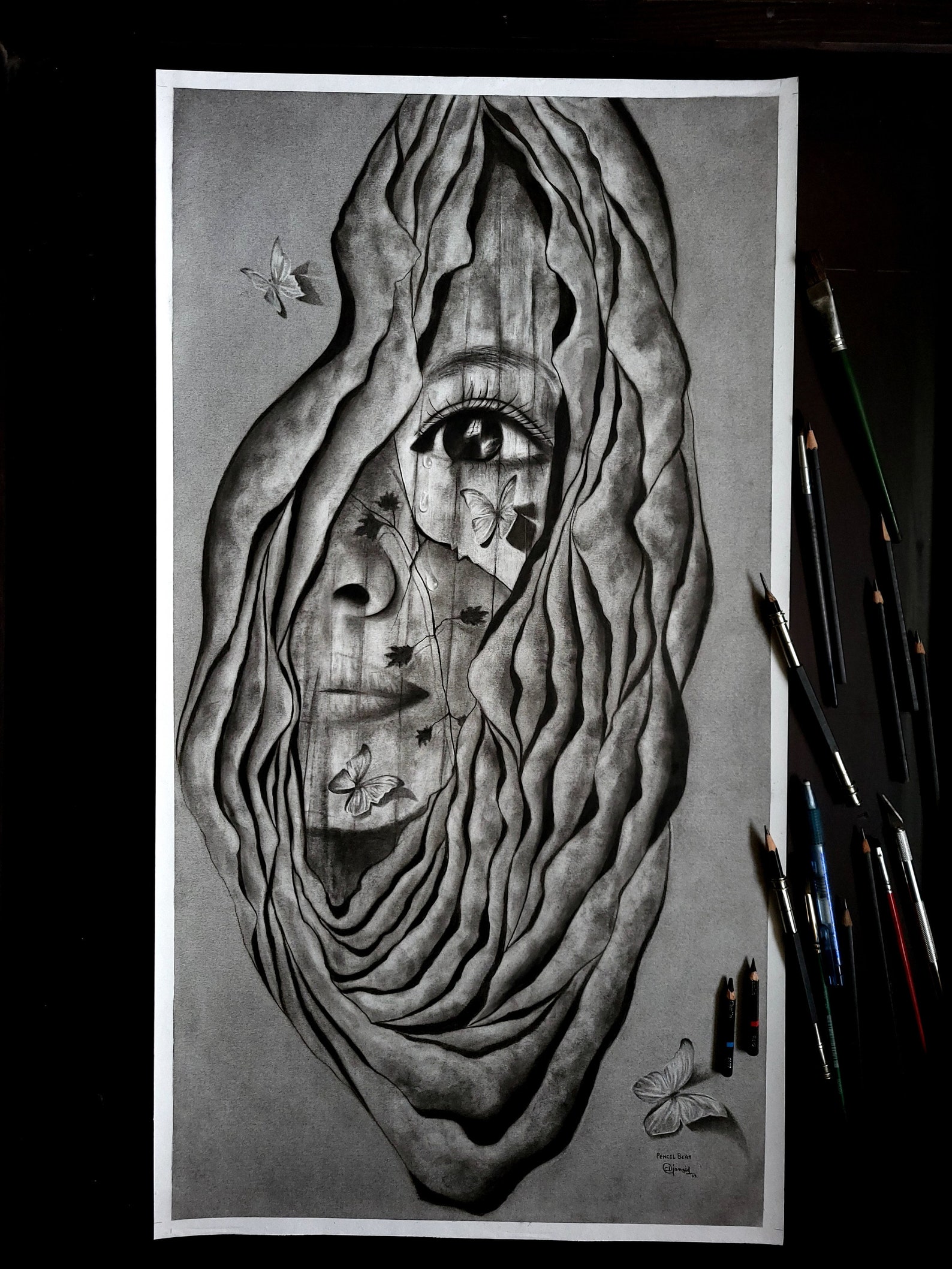 Original Charcoal Drawing: Unveiled Emotions, Butterflies - Handmade ...