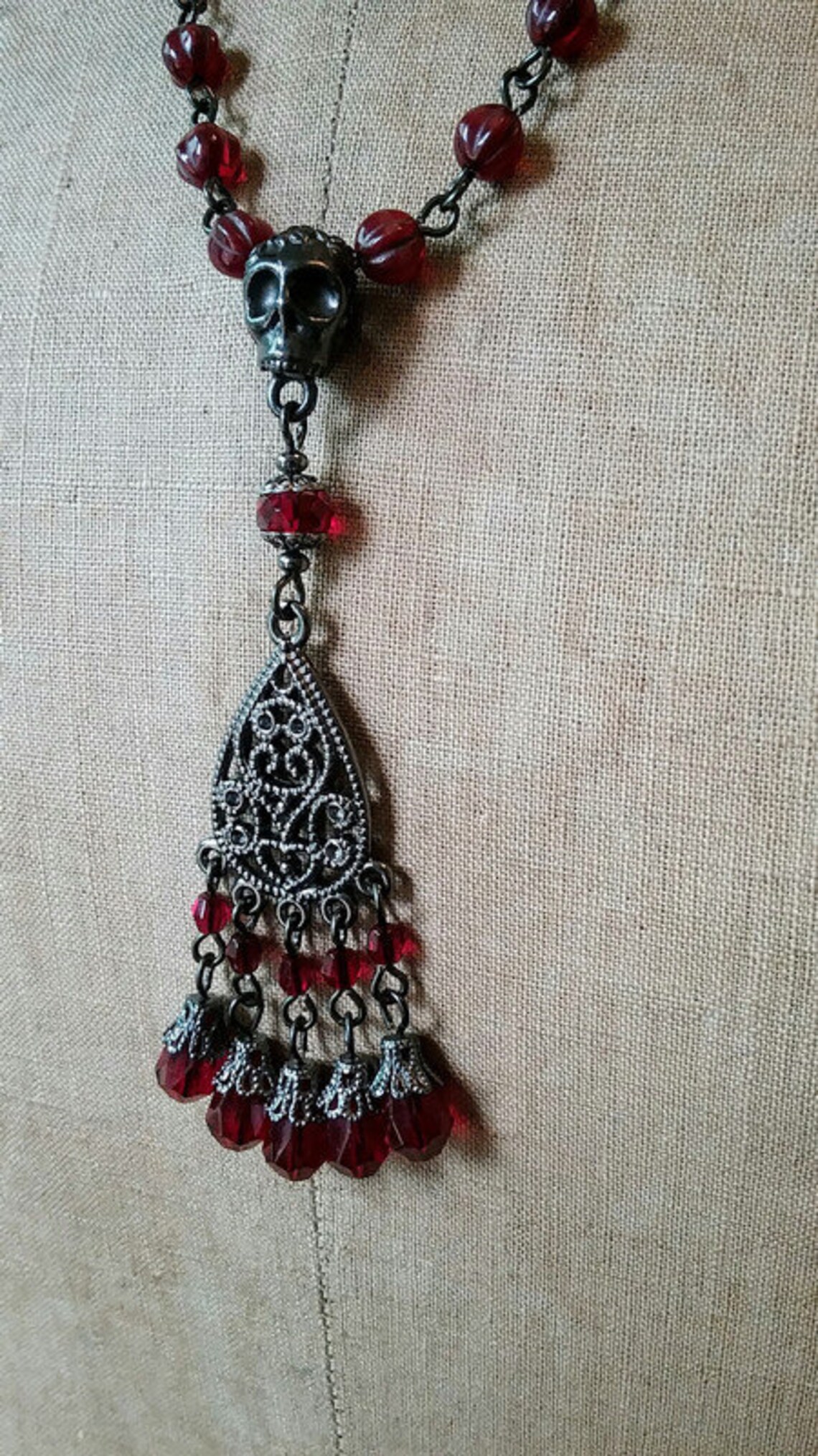 DEMETRIA Gothic Victorian Dark Red Glass Beaded Skull Long - Etsy