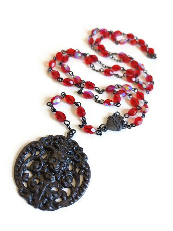 BEELZ Gothic Ruby Red Satanic Demon Hand-beaded Rosary Layering Wrap ...