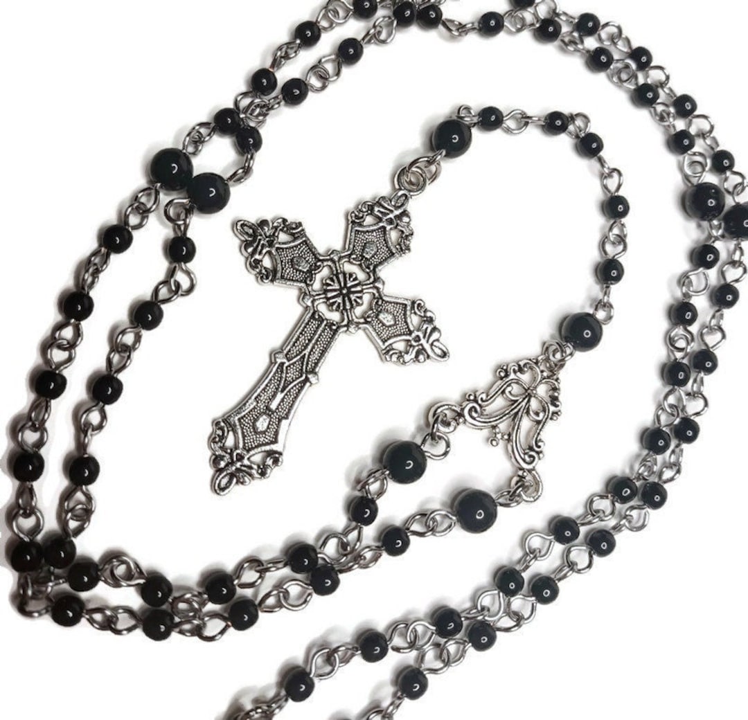 HELLEN Trad Goth Black Glass Rosary Chaplet Unisex Necklace Mall Goth ...