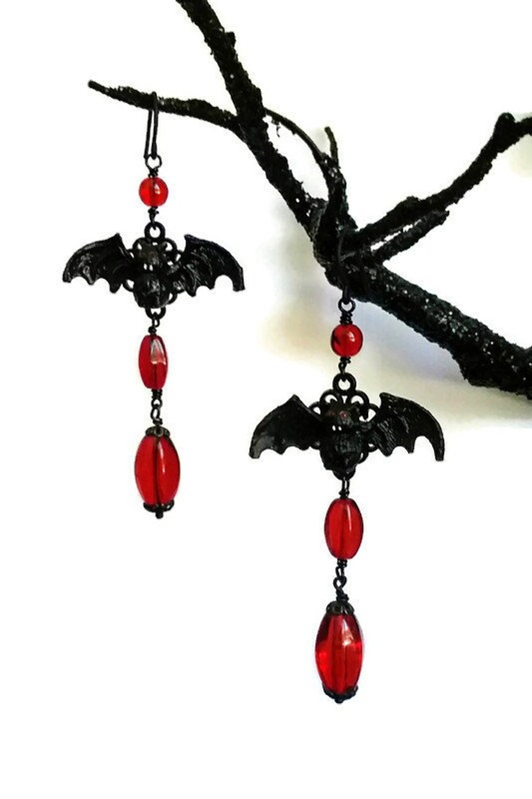 SPOOPY BATS Gothic Bat Drop Earrings With Ruby Red Glass Beads - Etsy