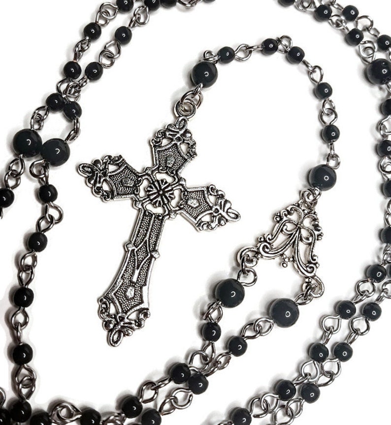 HELLEN Trad Goth Black Glass Rosary Chaplet Unisex Necklace Mall Goth ...