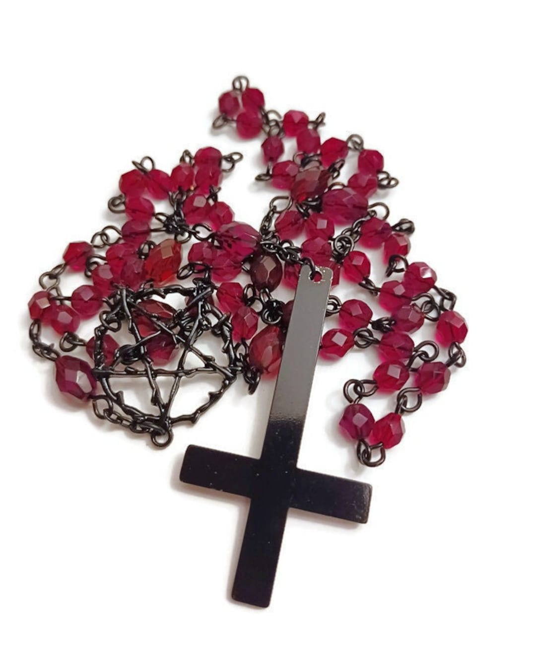 SATANIC PANIC Black and Blood Red Garnet Red Glass Inverted Pentagram ...