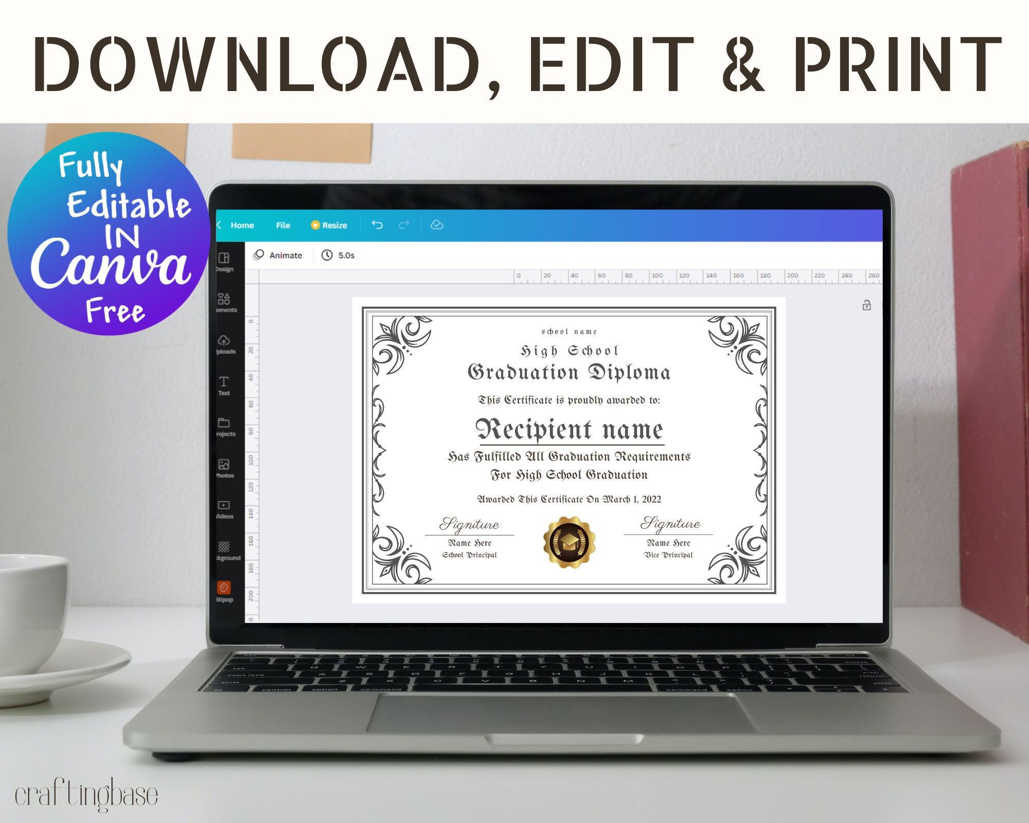 Editable High School Diploma Template, Diploma Certificate, Canva ...