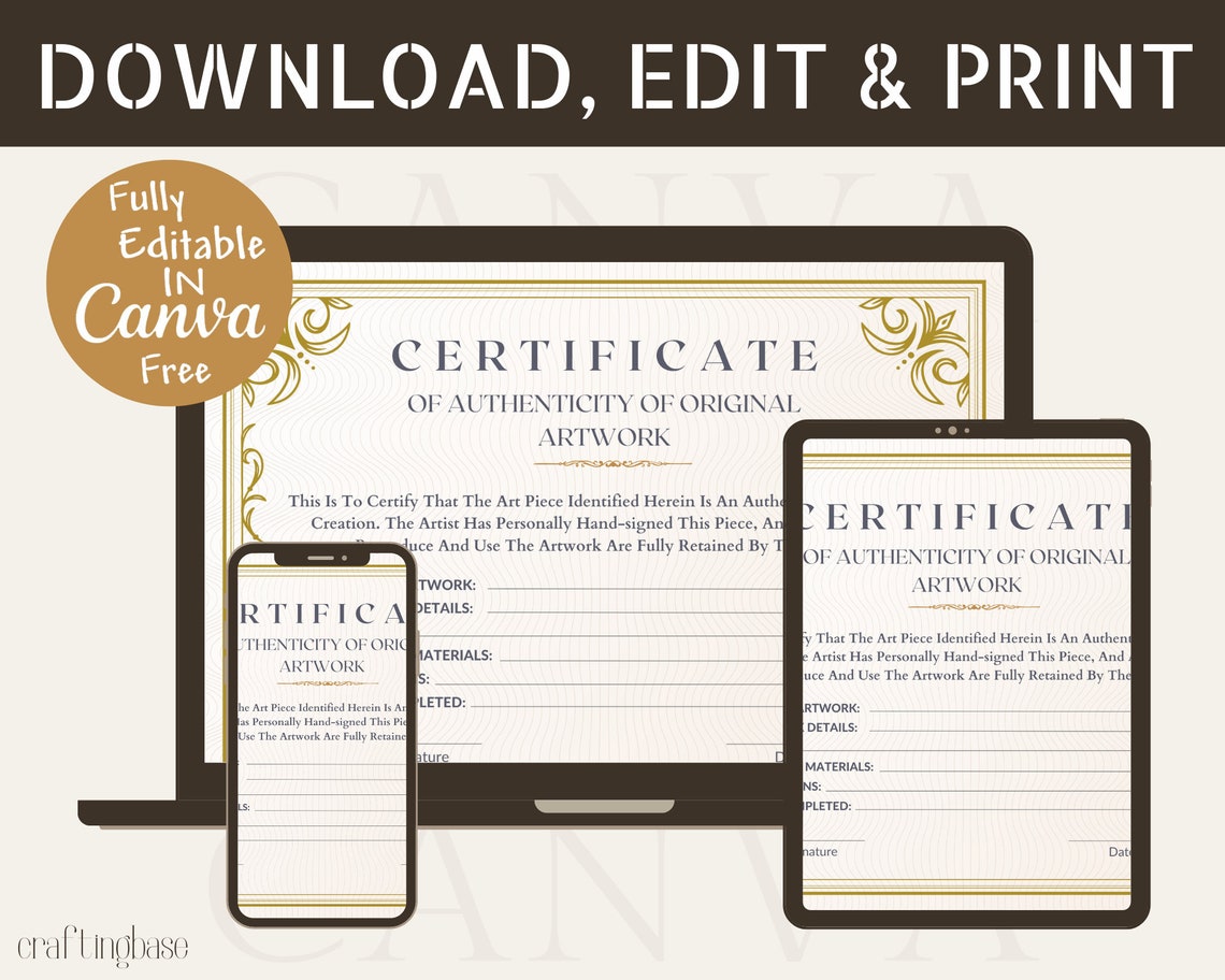 Editable Certificate of Authenticity for Artwork, Artwork Certificate ...