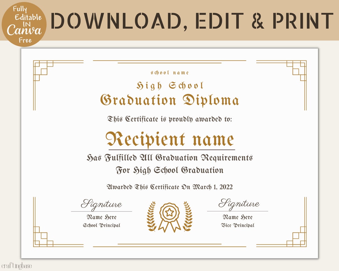 Editable High School Diploma Template, Diploma Certificate, Canva Template, Keepsake for ...