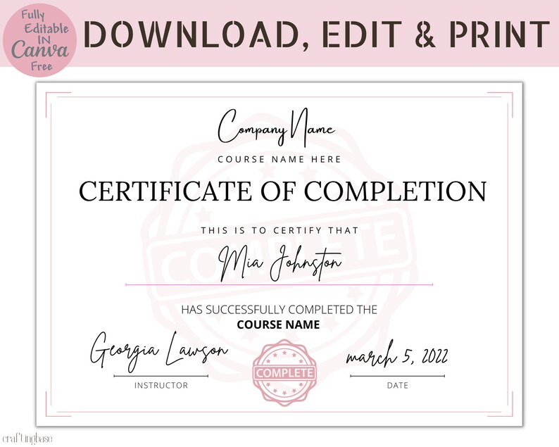 Certificate of Completion Template, Editable Course Certificate ...