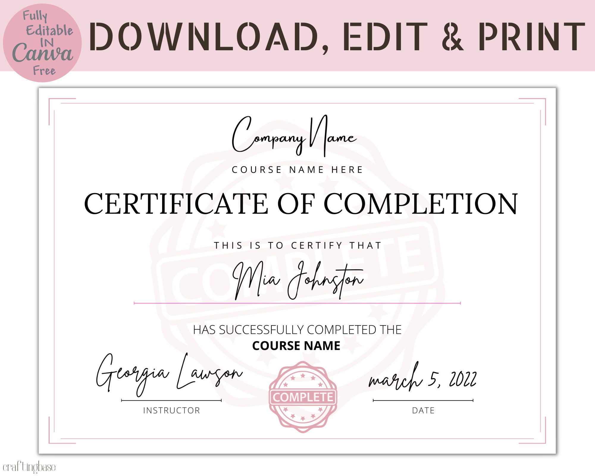 Certificate of Completion Template, Editable Course Certificate ...