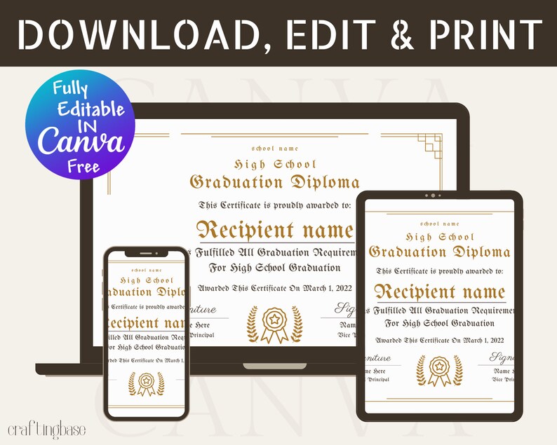 Editable High School Diploma Template, Diploma Certificate, Canva ...