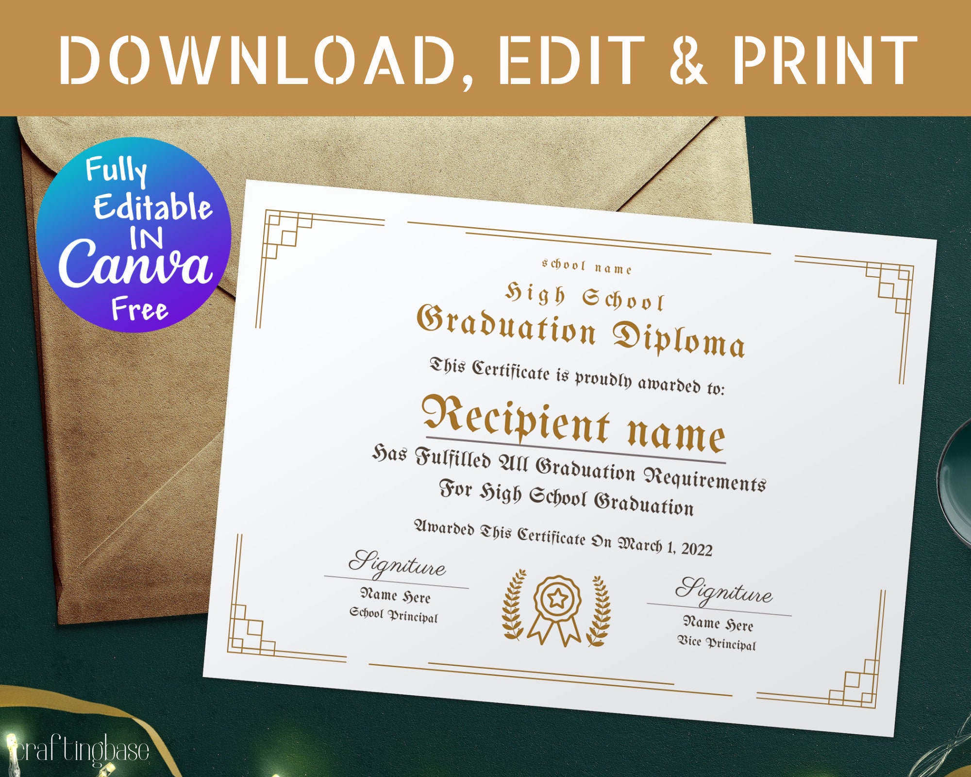 Editable High School Diploma Template, Diploma Certificate, Canva ...