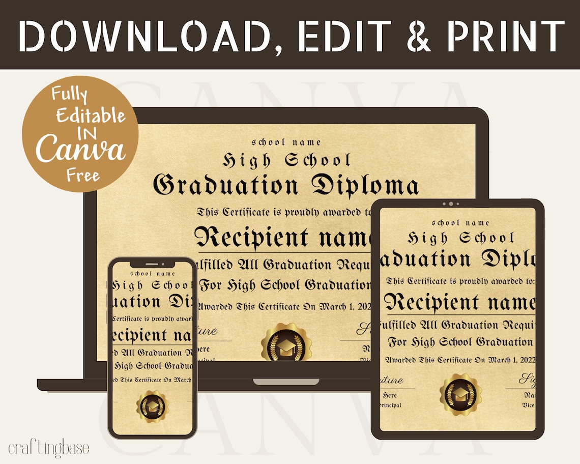 Editable High School Diploma Template, Diploma Certificate, Canva ...