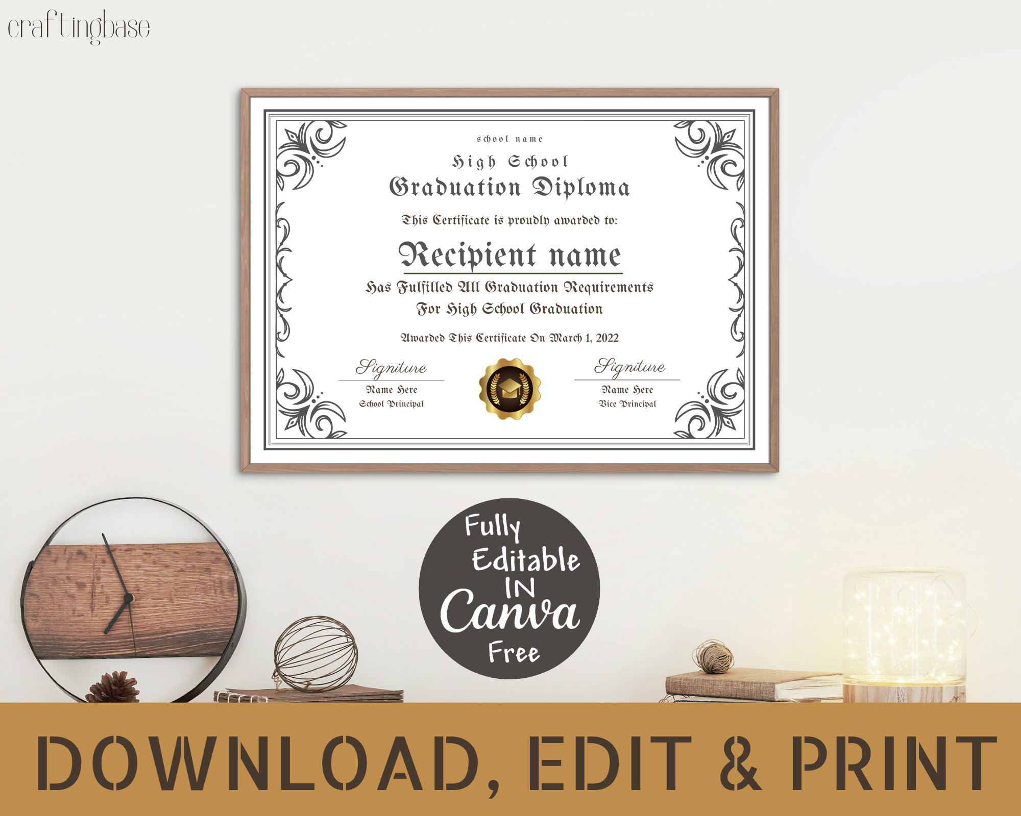 Editable High School Diploma Template, Diploma Certificate, Canva ...