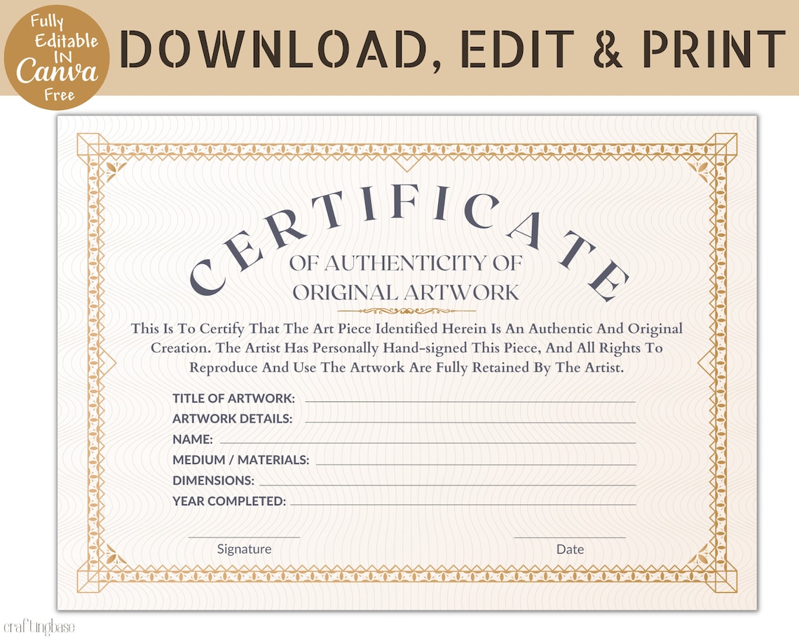 Editable Certificate of Authenticity for Artwork, Artwork Certificate ...