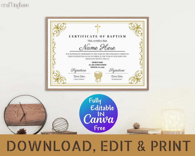 Editable Certificate of Baptism Template, Baptism Certificate, Canva ...