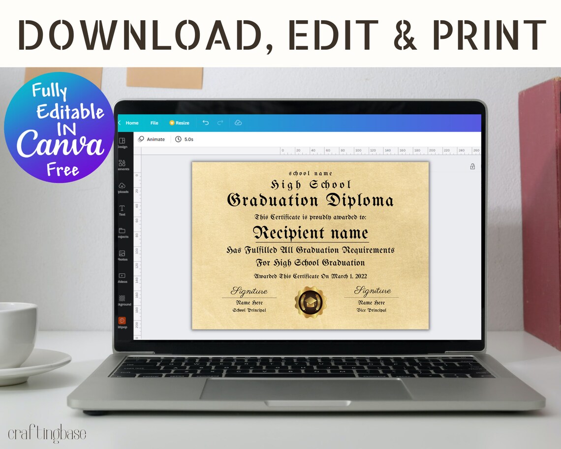 Editable High School Diploma Template, Diploma Certificate, Canva ...
