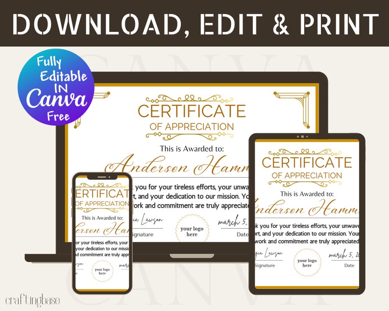 Certificate of Appreciation Template, Editable Appreciation Certificate ...