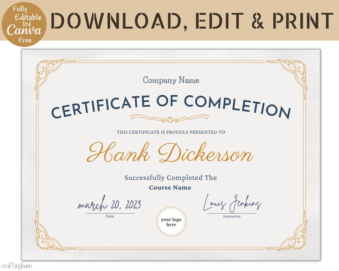 Certificate of Completion Template, Certificate Canva Template ...
