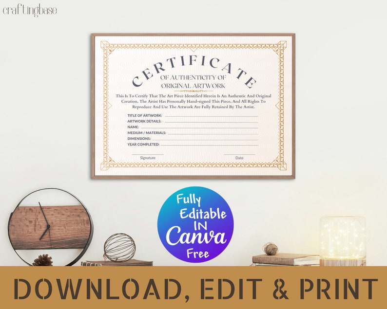 Editable Certificate of Authenticity for Artwork, Artwork Certificate ...