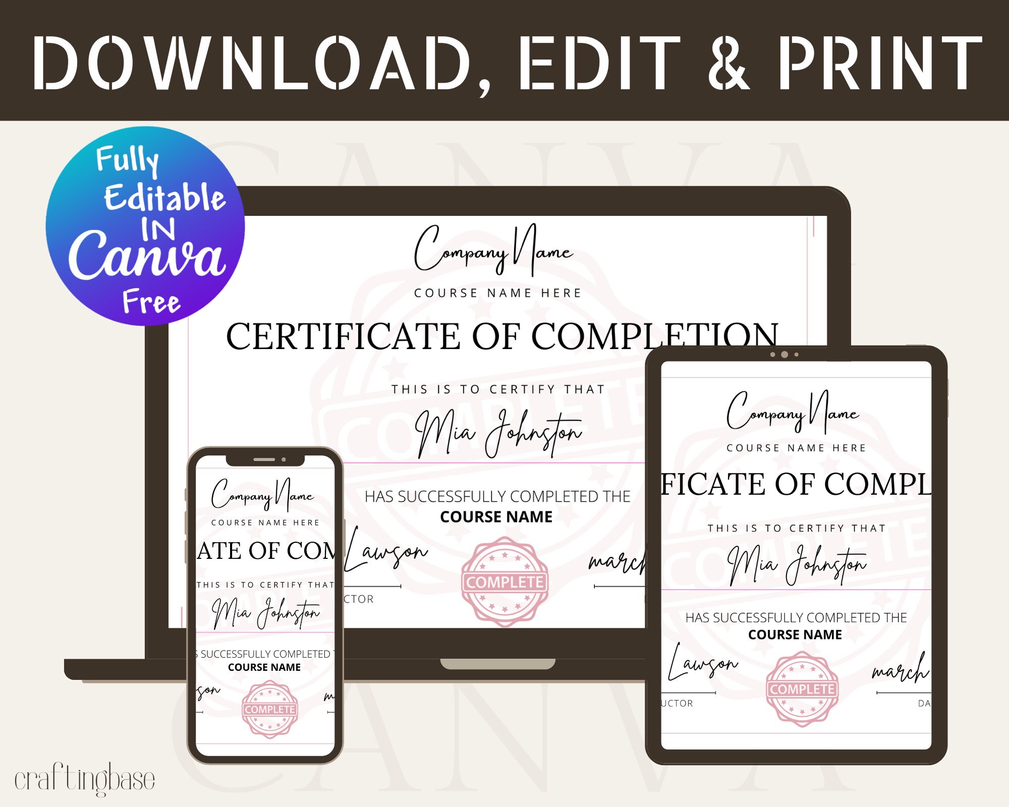 Certificate of Completion Template, Editable Course Certificate ...