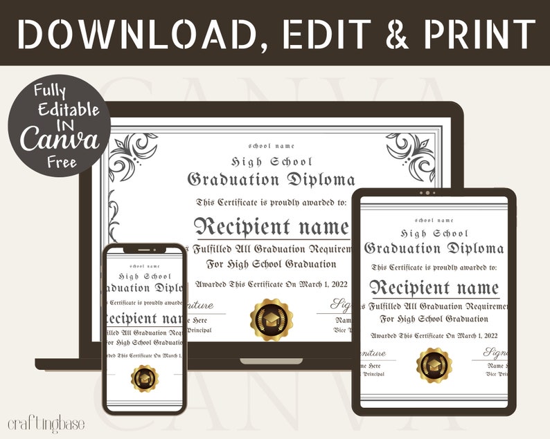 Editable High School Diploma Template, Diploma Certificate, Canva ...